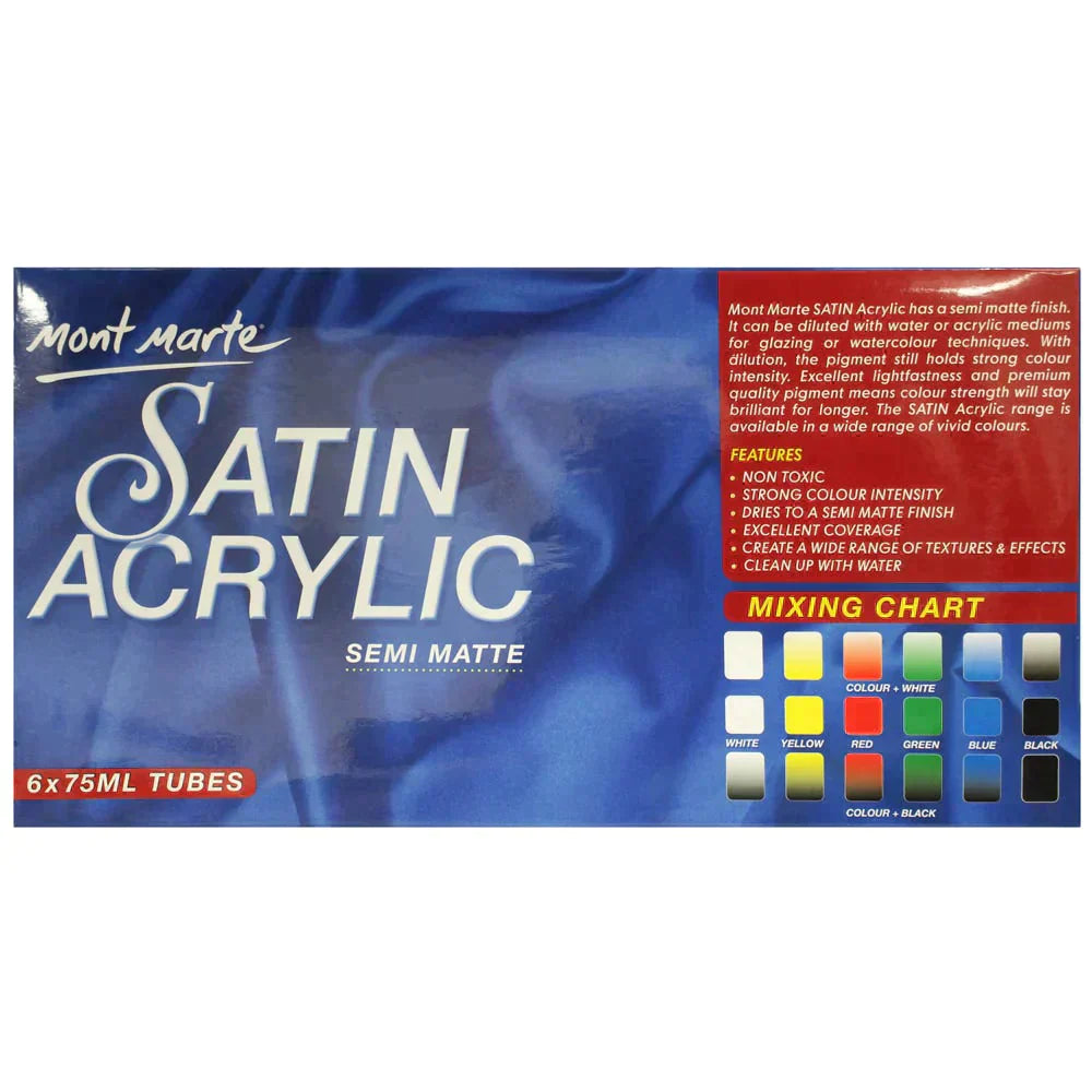 Mont Marte Satin Acrylic Paint Set - Primary Colours 6pc x 75ml ...
